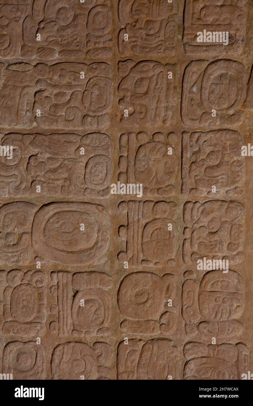 Sculptures et sculptures anciennes de bas maya situées dans le temple ...