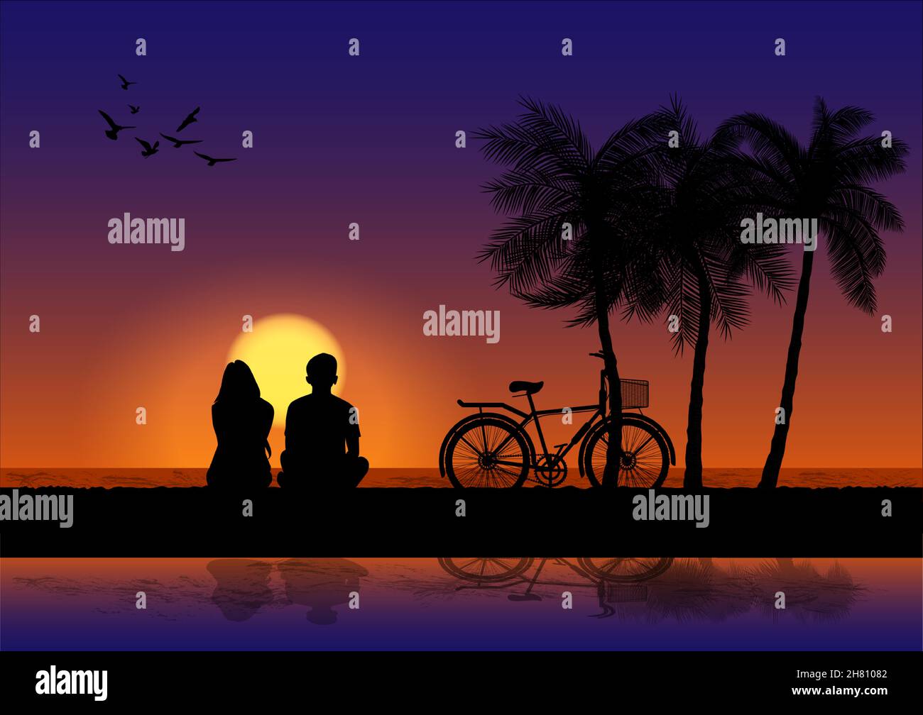 Image Graphique Un Couple Homme Et Femmes Assis Regarder Le Coucher De