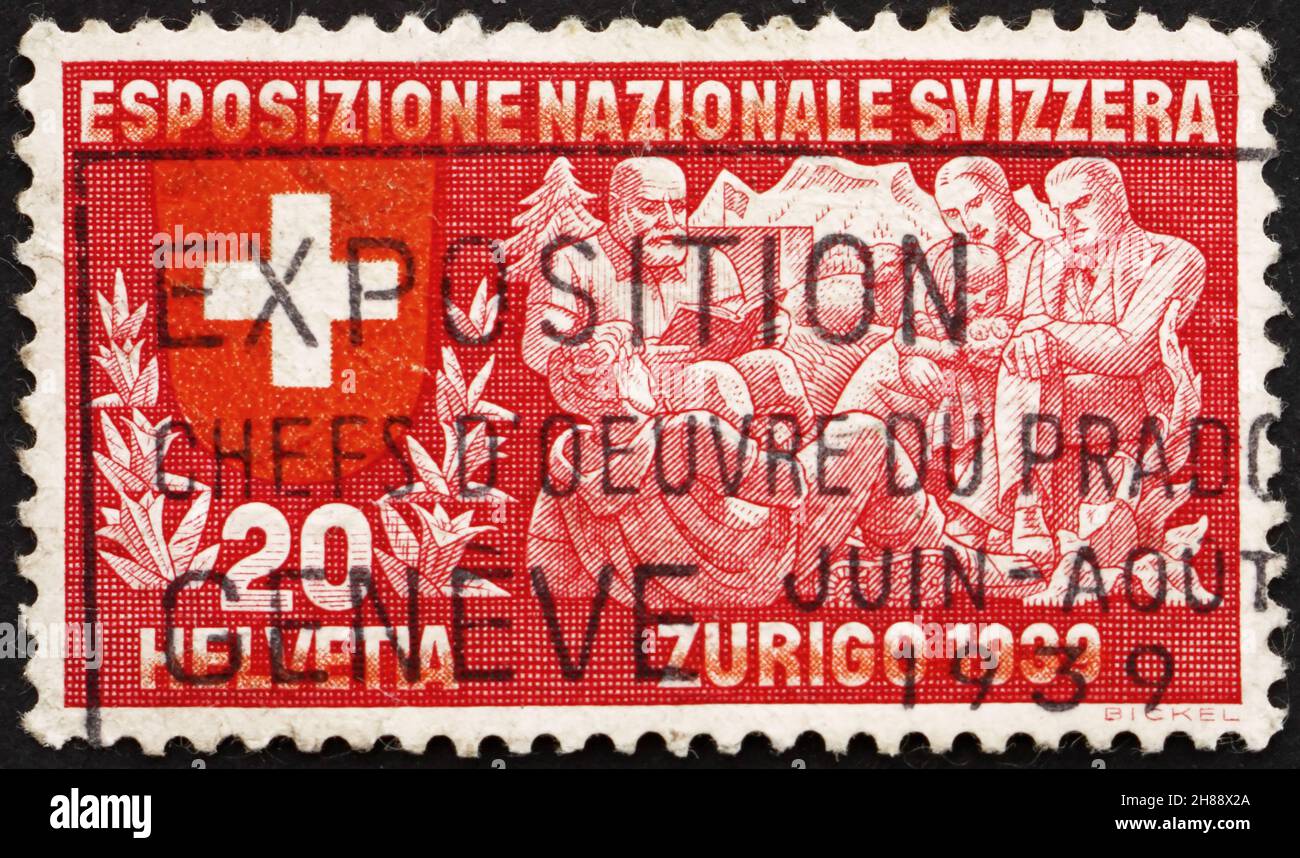 SUISSE - VERS 1939: Un timbre imprimé en Suisse montre la famille suisse, exposition nationale ...