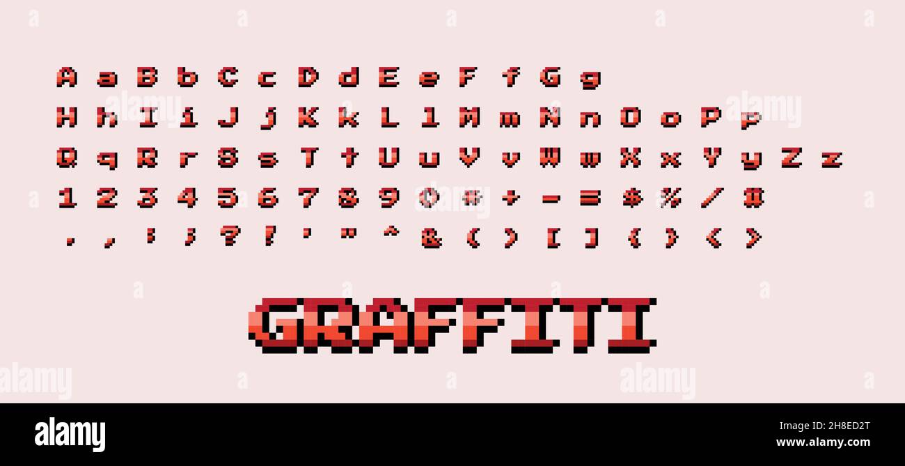 Vector pixel art style 8 bit graffiti abc alphabet majuscule, minuscule ...