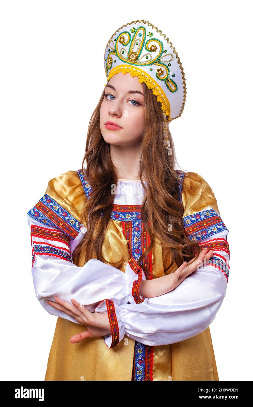 Costume folklorique traditionnel russe, portrait d'une belle jeune ...