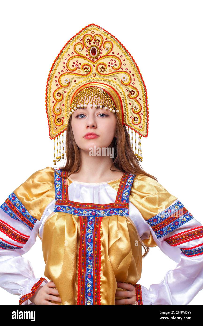 Costume folklorique traditionnel russe, portrait d'une belle jeune ...