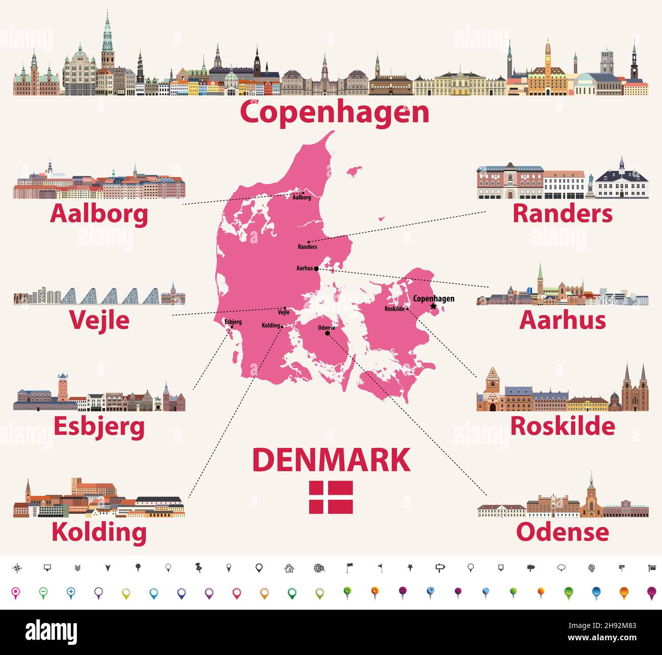 Carte du Danemark avec illustration vectorielle des grandes villes ...
