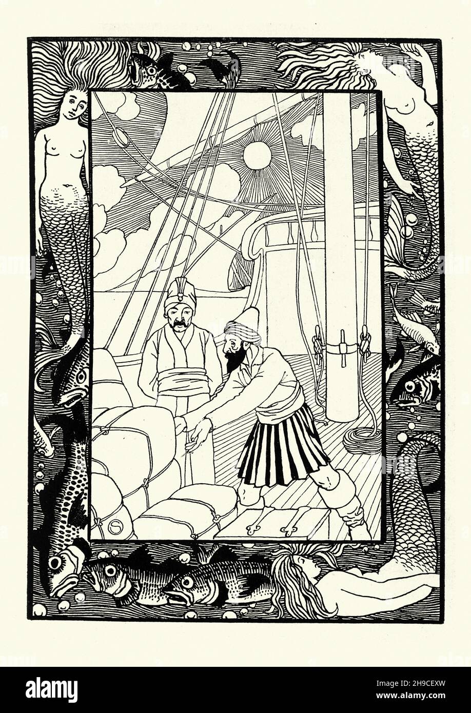 Illustration vintage du deuxième voyage de Sinbad le Sailorm Mermaids ...