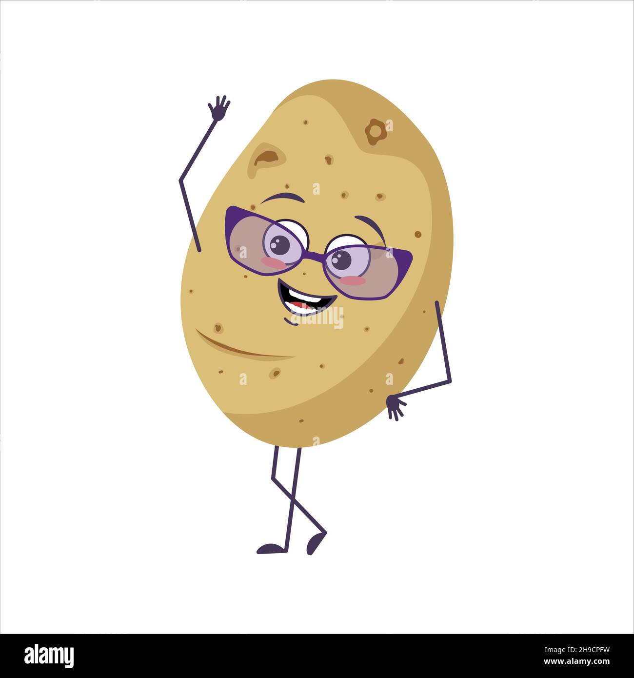 Patate de caractère mignon avec des verres et des émotions joyeuses ...