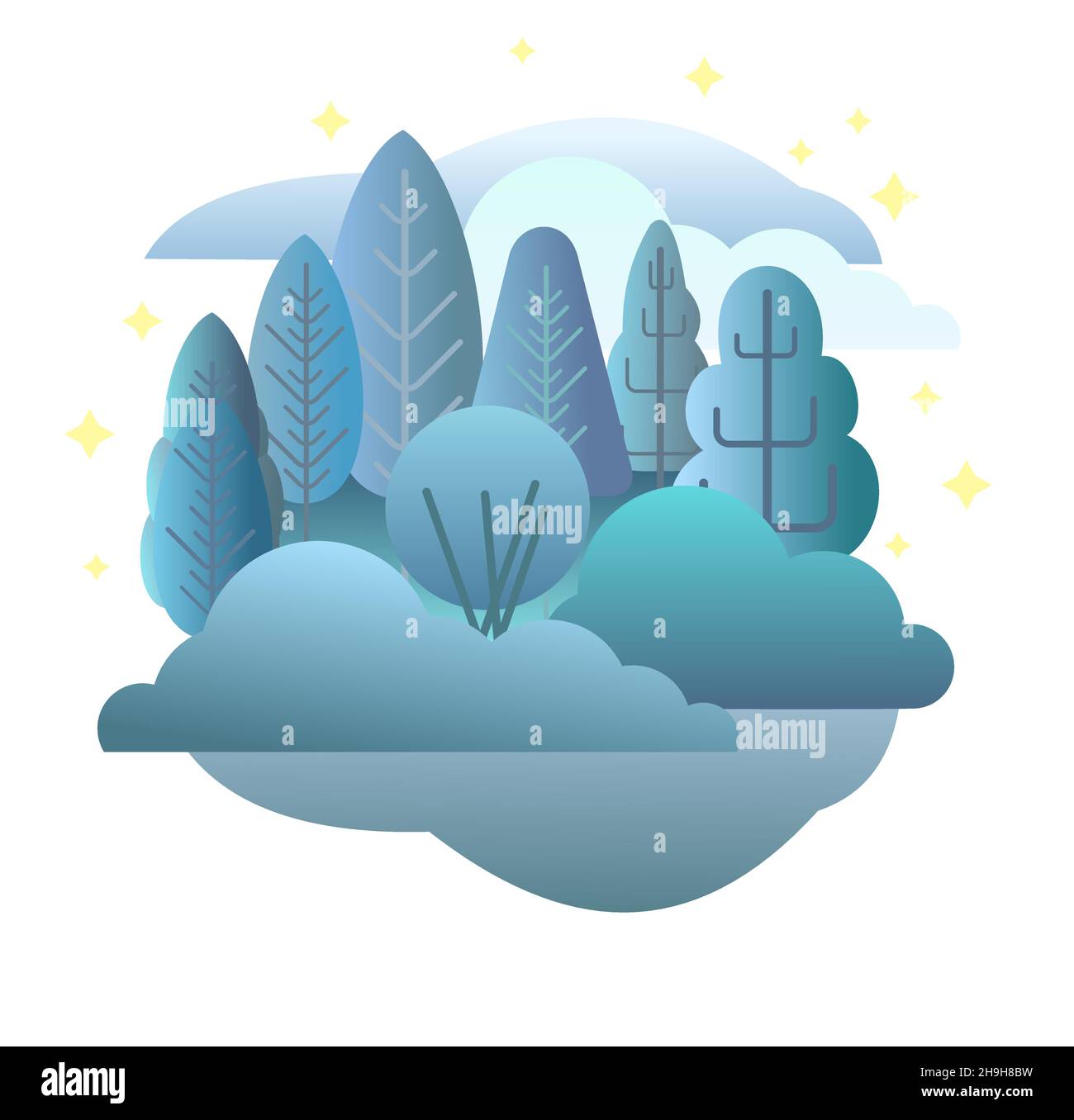 Forêt nocturne. Illustration symbolique de style dessin animé plat ...