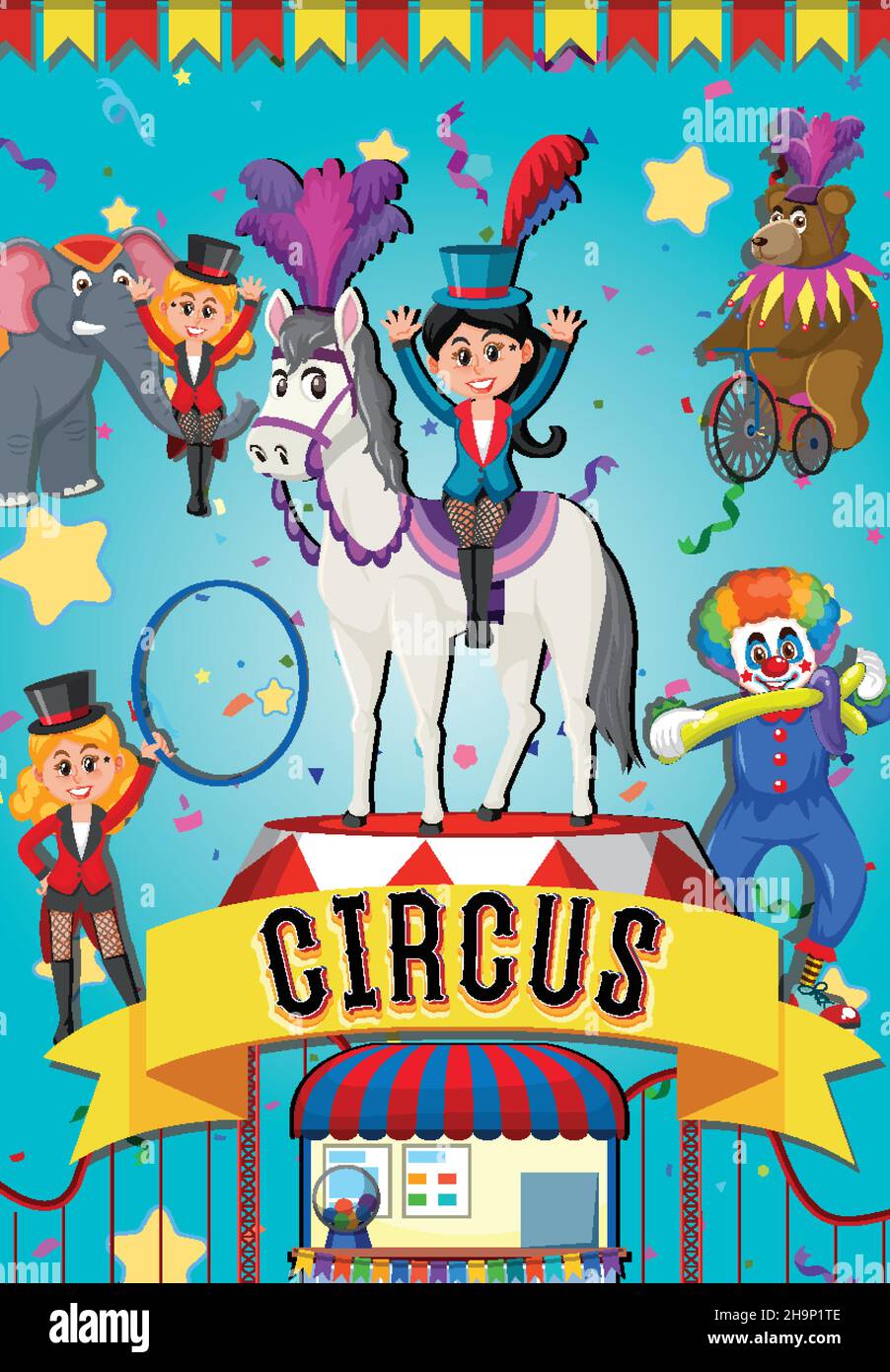 Affiche de cirque avec illustration de dessin animé de fille magicienne ...
