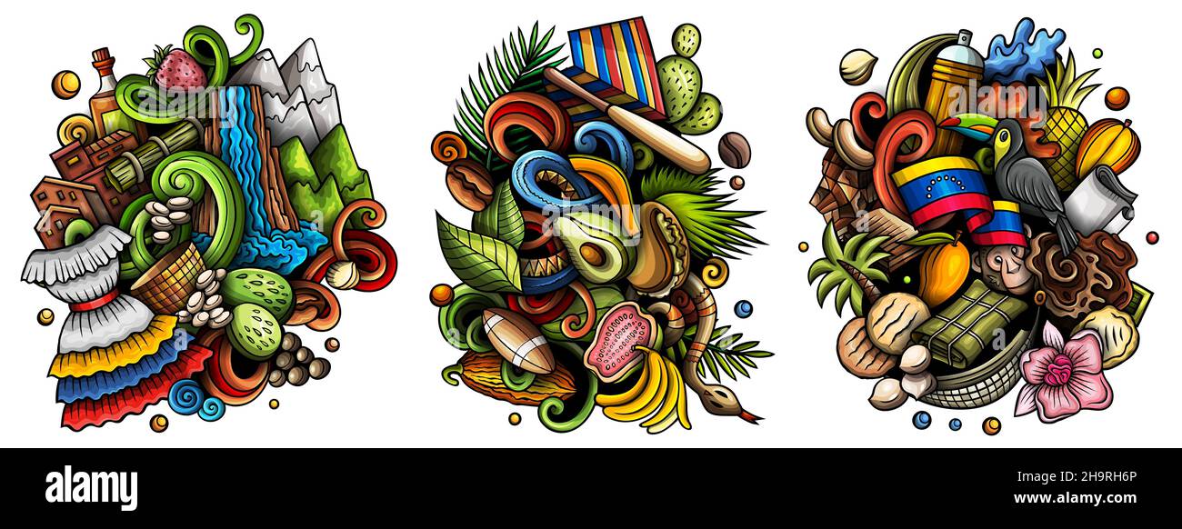 Ensemble de motifs de dessin animé vectorisé Venezuela.Compositions ...