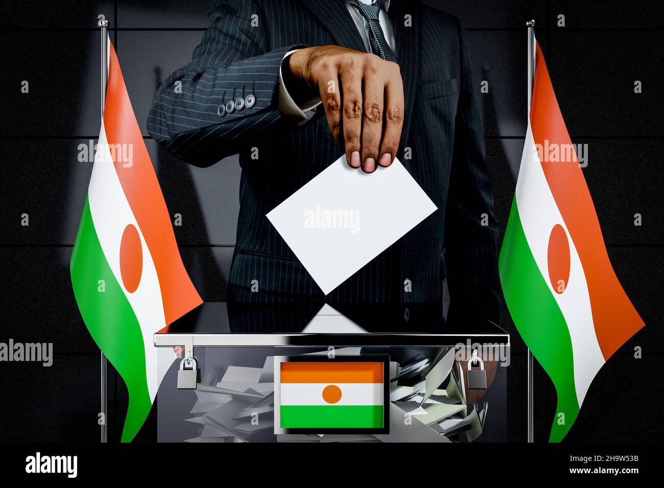 Drapeaux du Niger, carte de vote à main levée - concept électoral ...