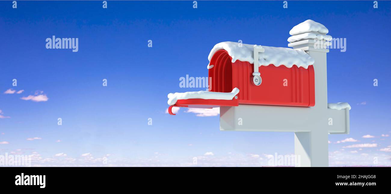 Boîte aux lettres enneigée sur fond bleu ciel.Boîte aux lettres rétro ...