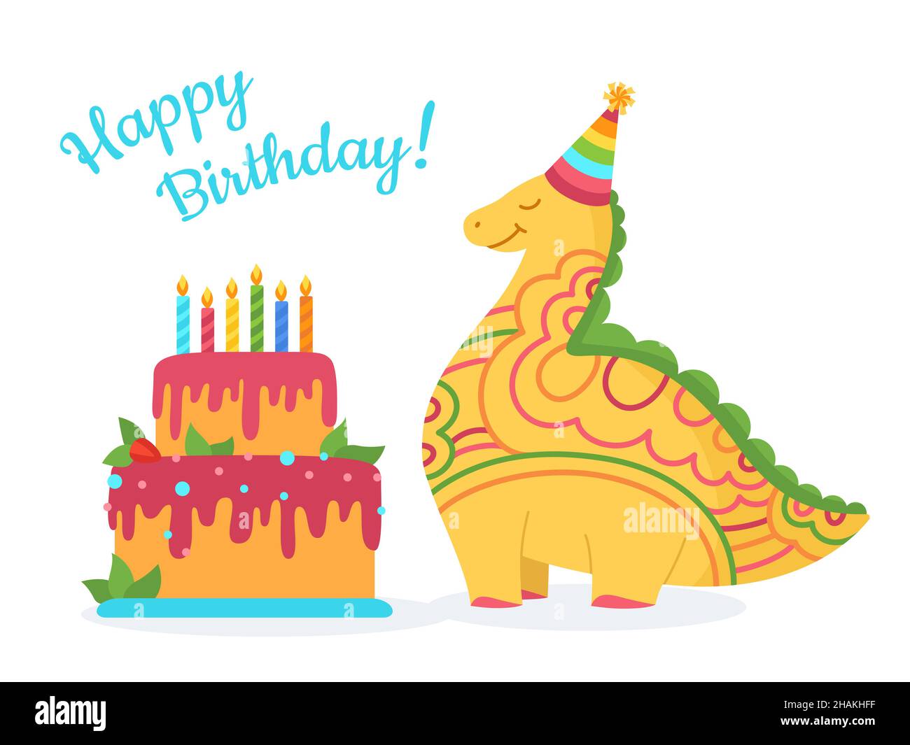 Joyeux anniversaire, carte de dino et gâteau.Adorable dinosaure reptile ...