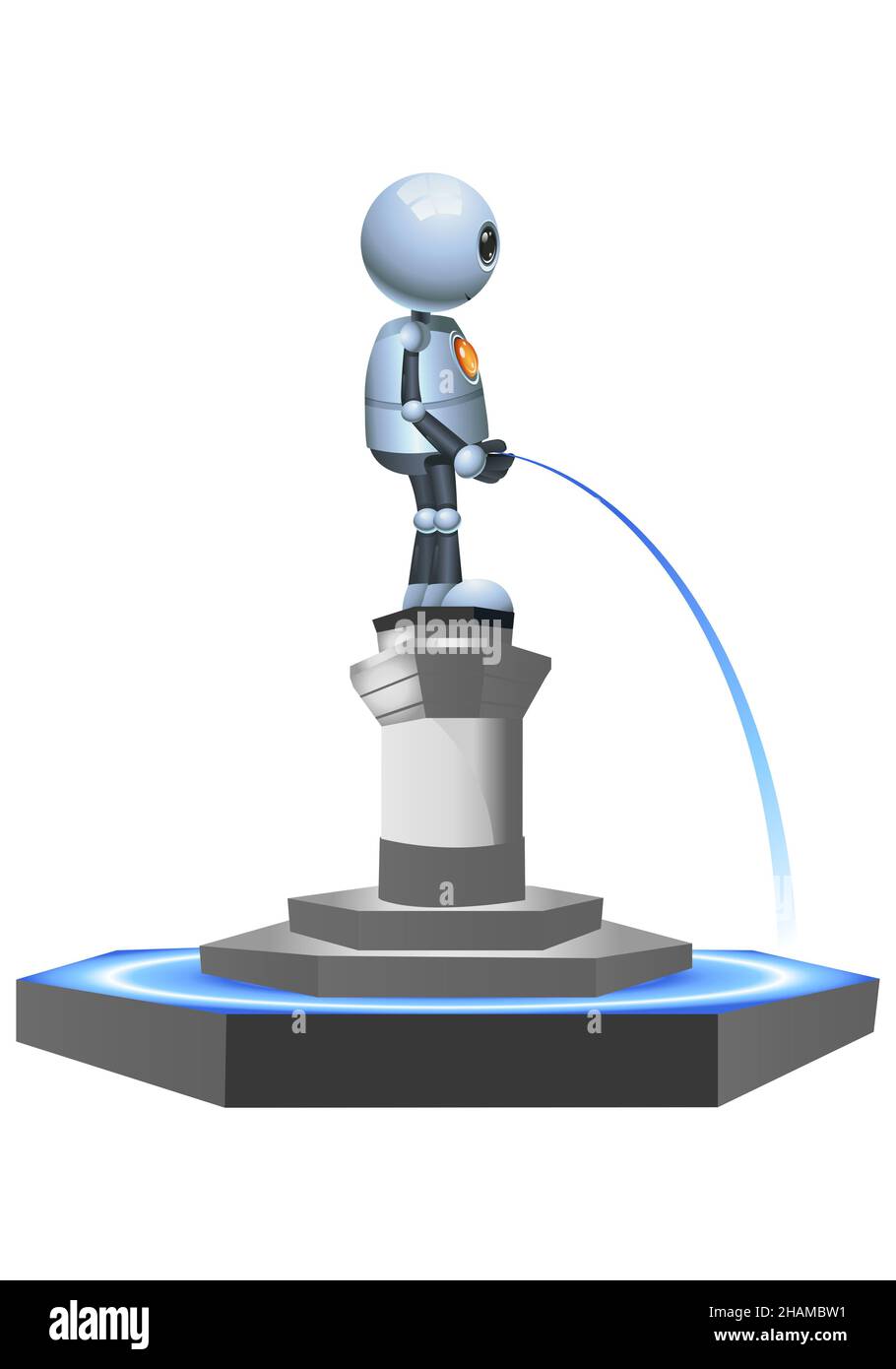 3D illustration droïde petite statue robot pipi sur la fontaine d'eau ...