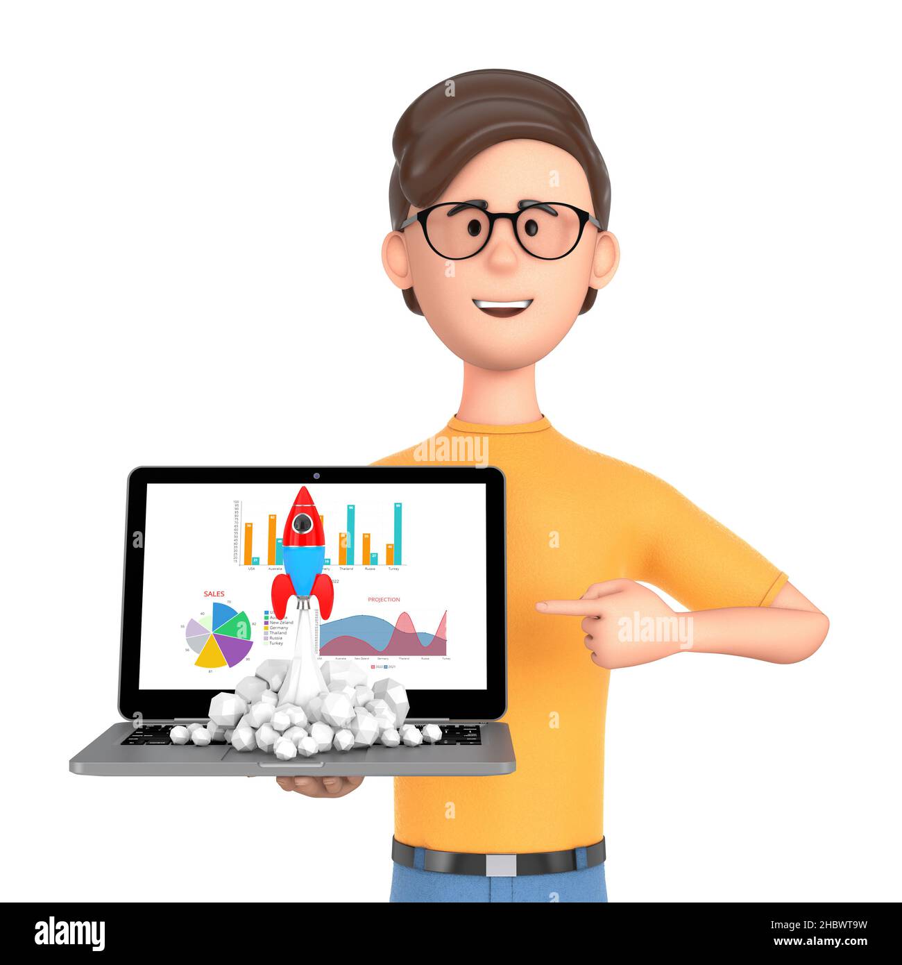 Personnage de dessin animé homme tenir le portable avec des diagrammes ...