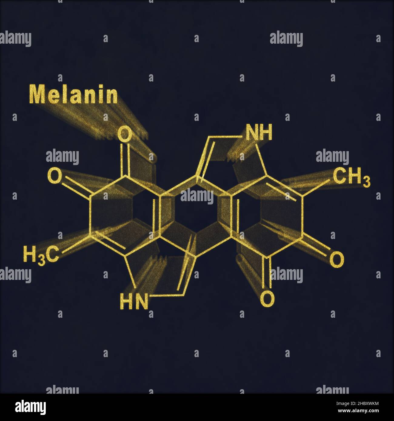 Molécule de mélanine, formule chimique structurale or sur fond sombre ...