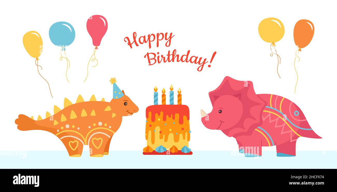 Joyeux anniversaire, carte de dino et gâteau.Adorable dinosaure reptile ...