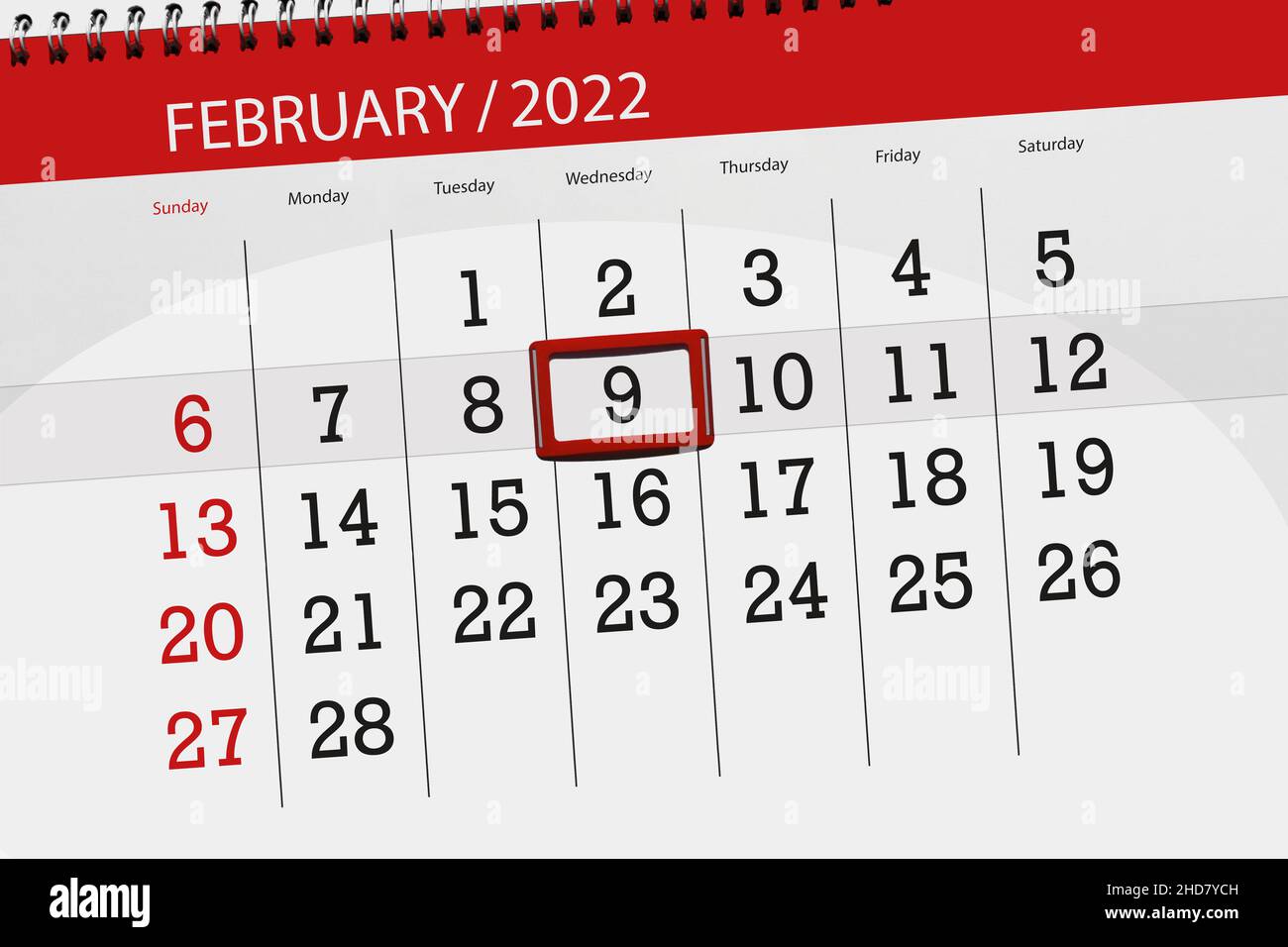 Calendrier pour le mois de février 2022, date limite, 9, mercredi Photo ...