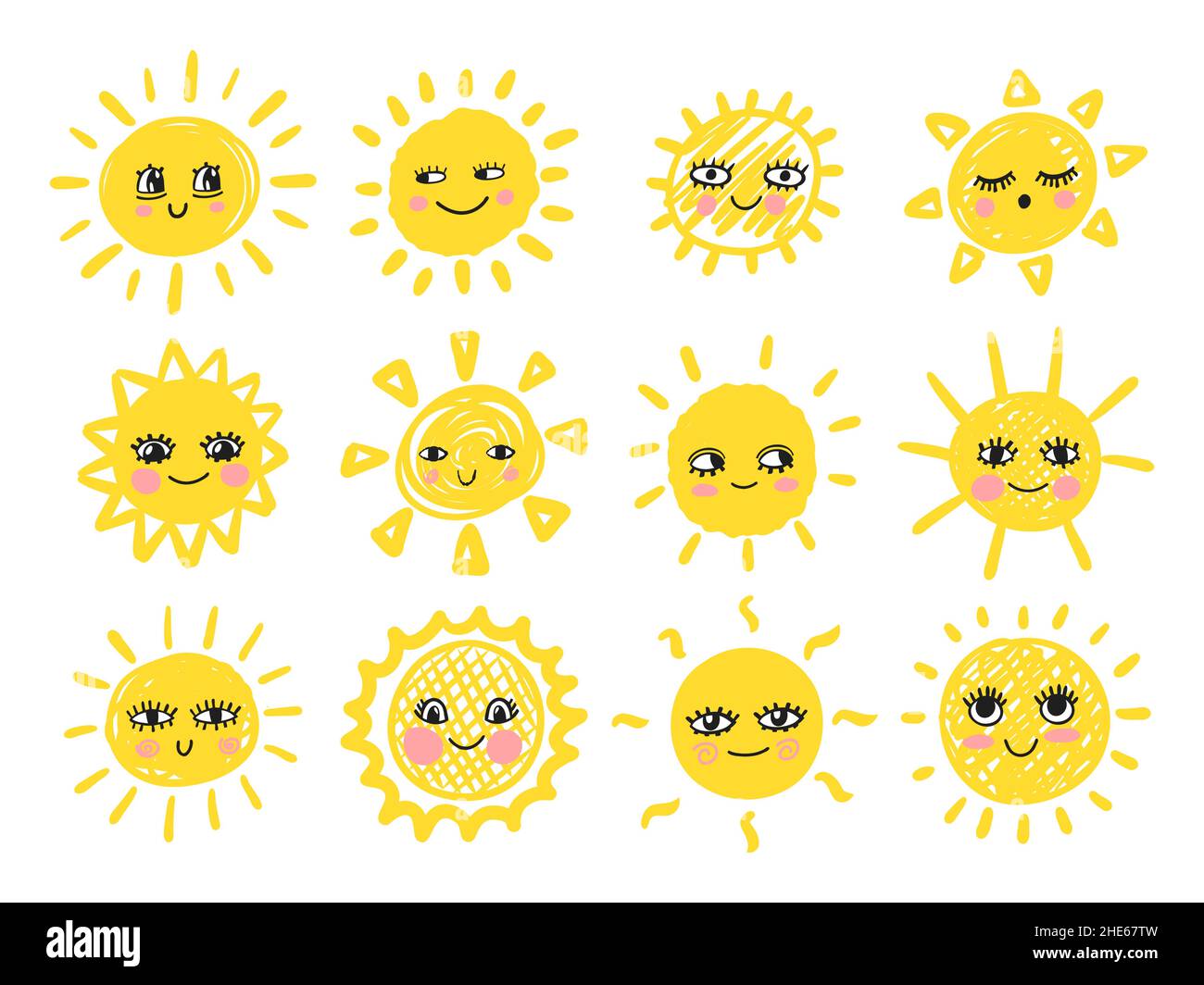Ensemble de soleil mignon drôle.Joyeux smiley Sun personnages.Symbole ...