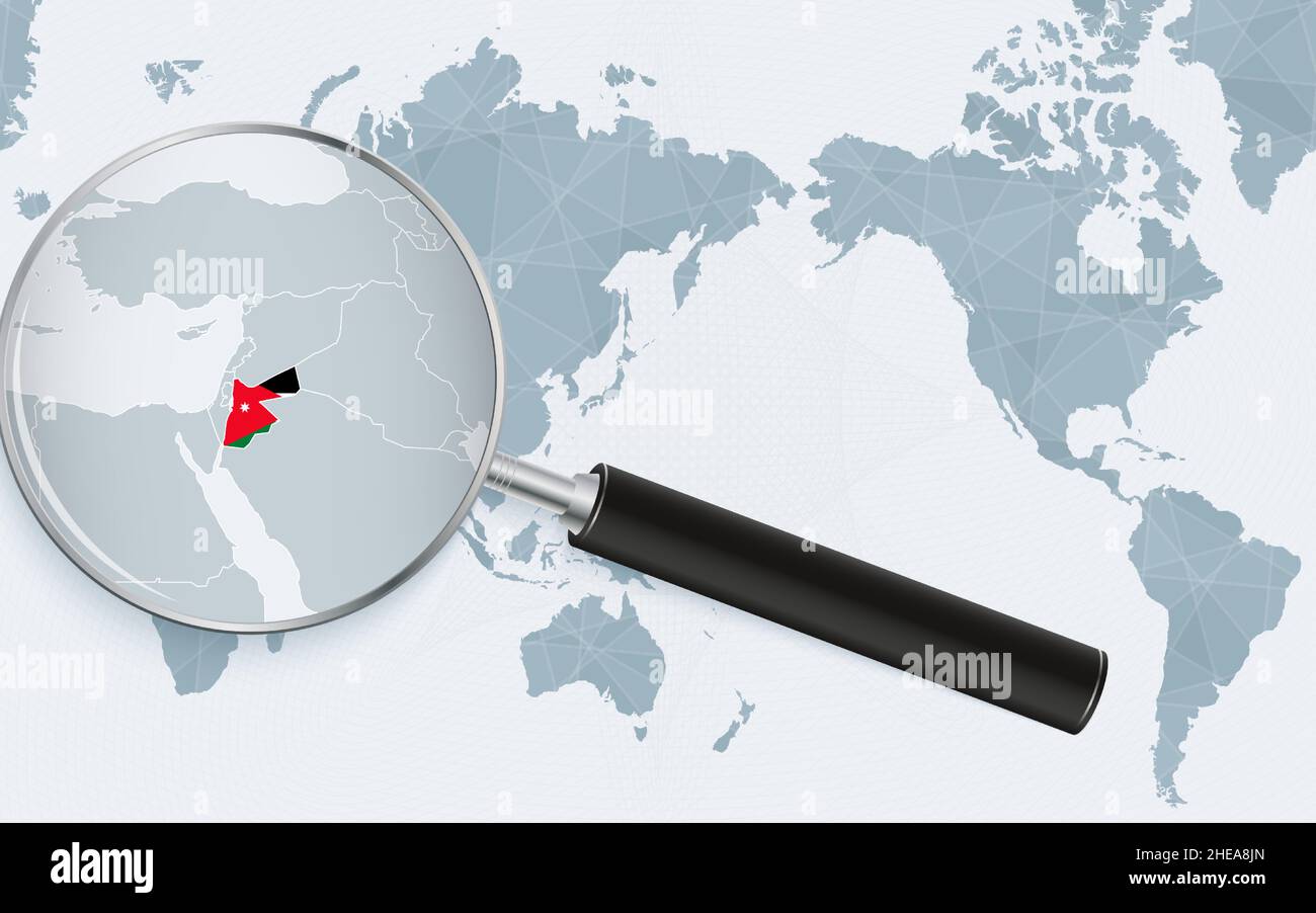 Carte du monde centrée sur l'Asie avec verre agrandi sur la Jordanie ...