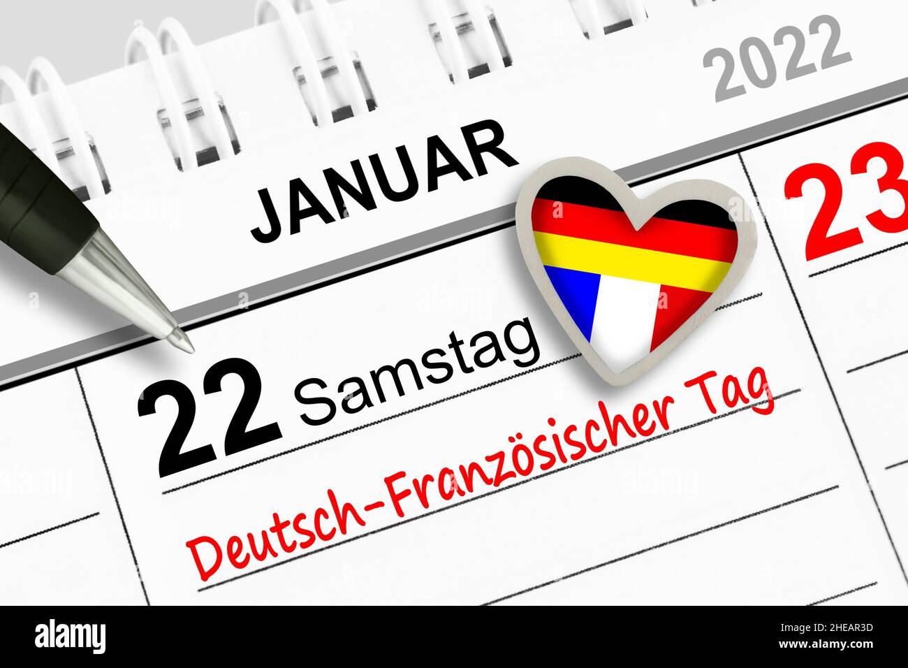 Calendrier 2022 janvier 22 Samedi et jour germano-français avec coeur ...