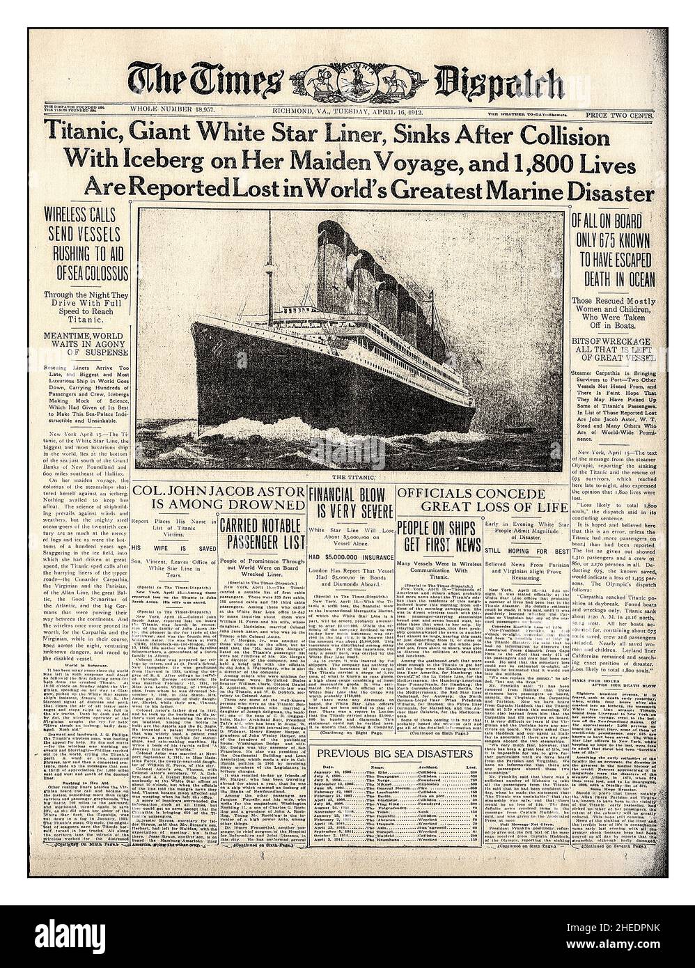 Titres de journaux titanic naufrage usa Banque de photographies et d ...