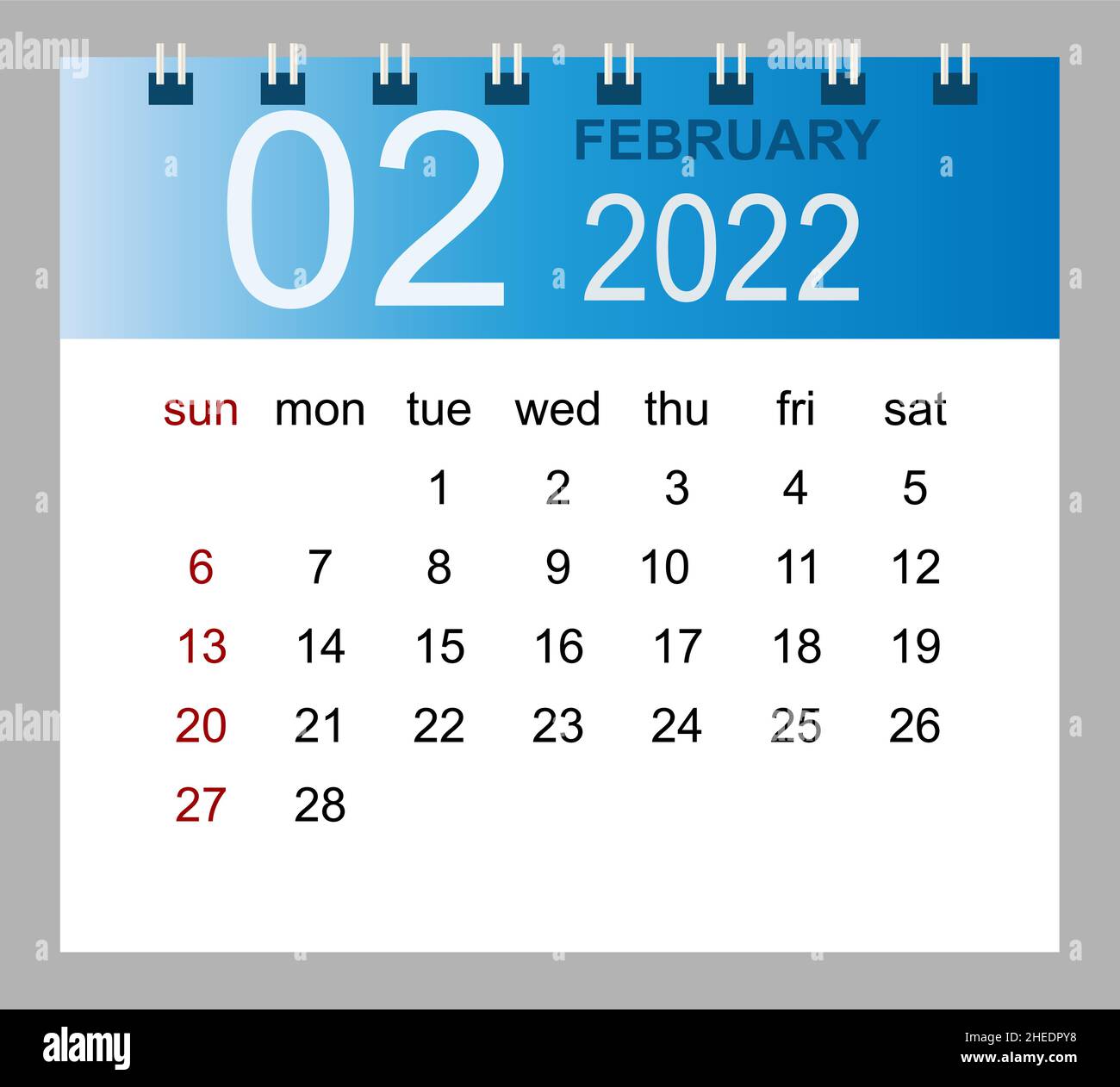 Février 2022.Modèle de calendrier mensuel vectoriel 2022 ans en style ...
