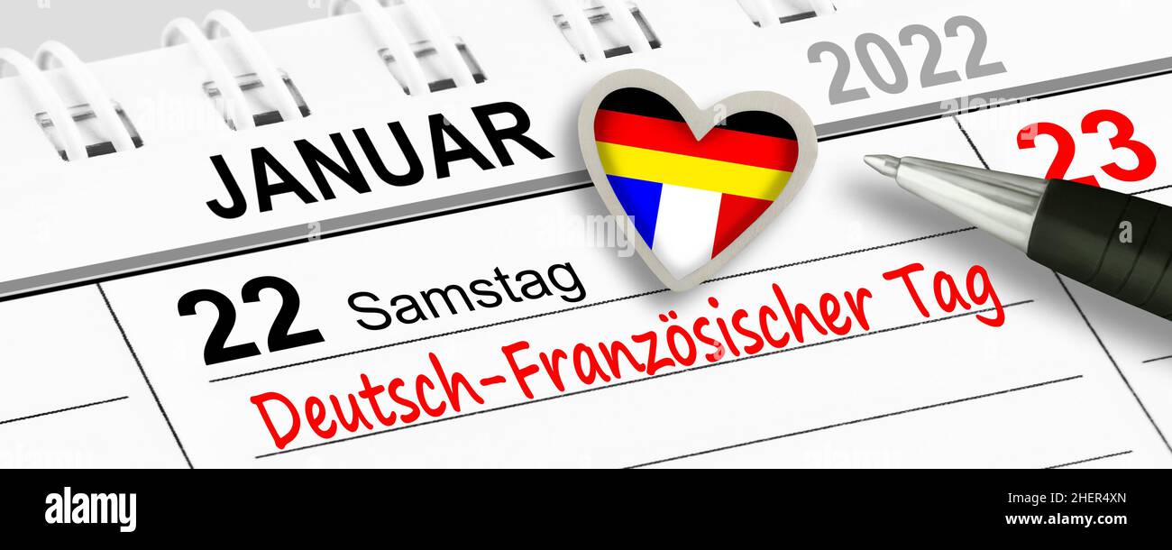 Calendrier 2022 janvier 22 Samedi et jour germano-français avec coeur ...