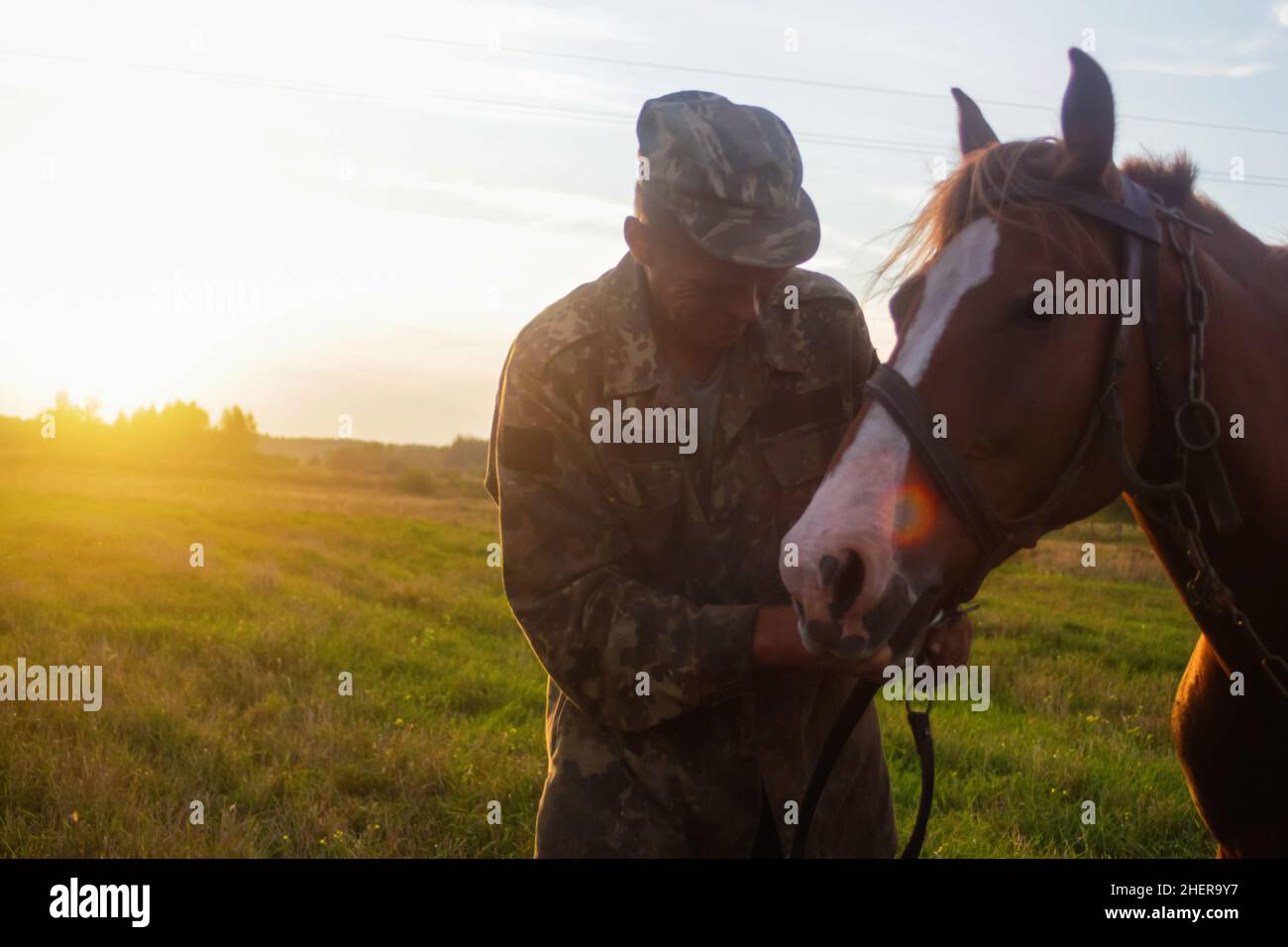 Jeune homme et cheval souriant.Moment tendre et aimant entre l'homme et ...