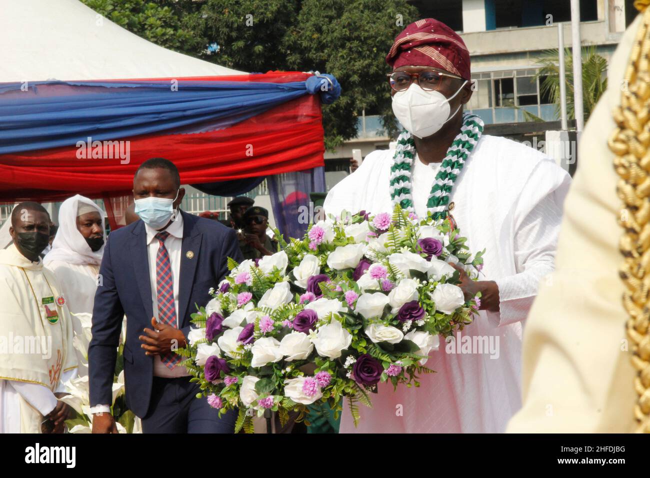 Lagos, Nigéria.15th janvier 2022.Gouverneur de l'État de Lagos, Babajide Sanwo-Olu porte une ...