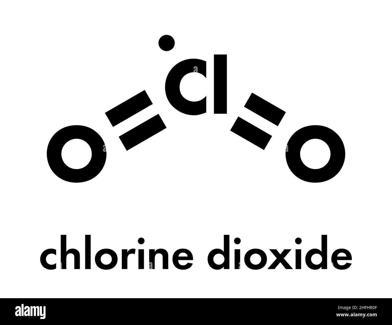 Molécule de dioxyde de chlore (ClO2). Utilisé pour le blanchiment de la ...