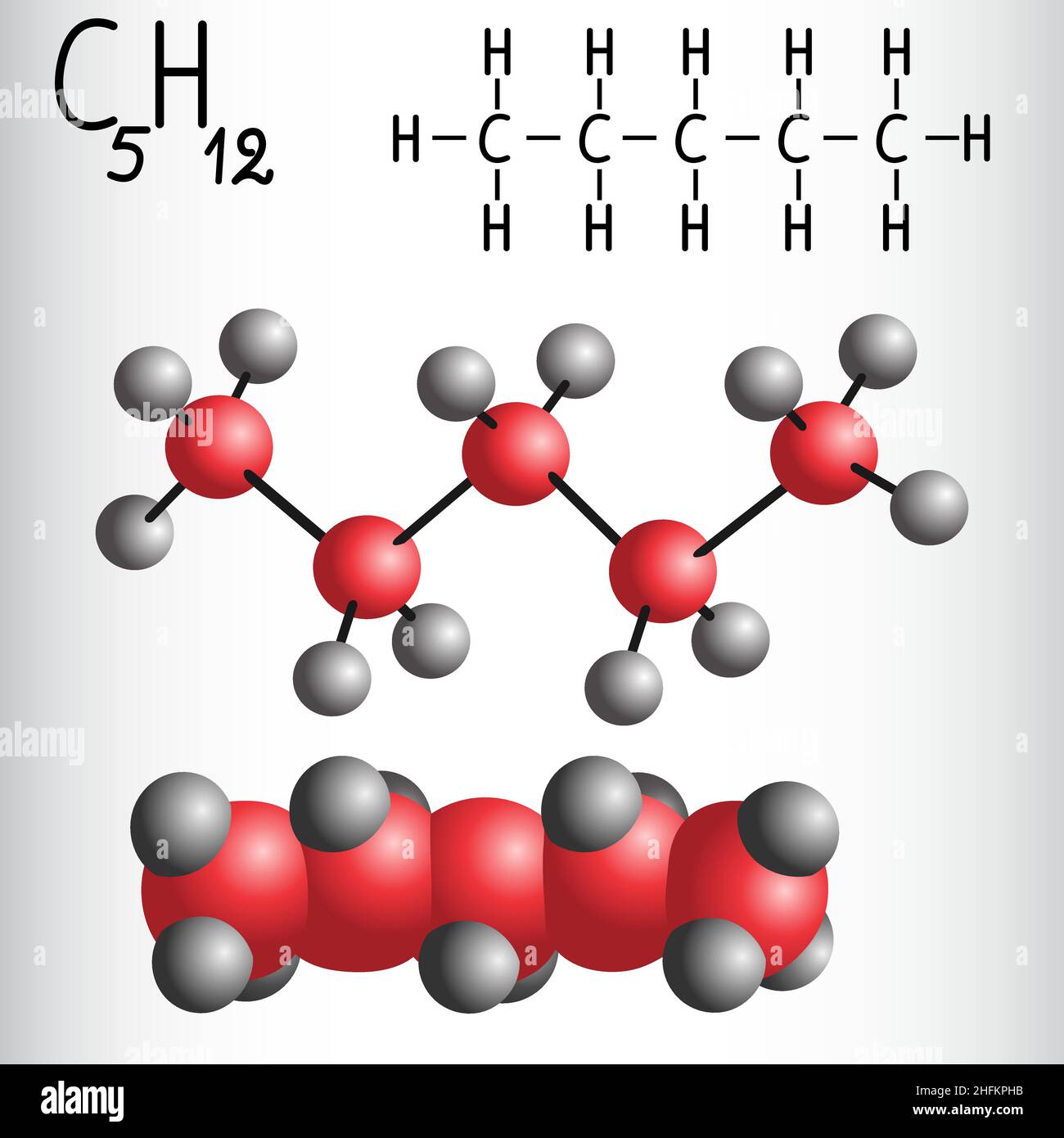 Formule chimique et modèle moléculaire de Pentane C5H12.Illustration ...