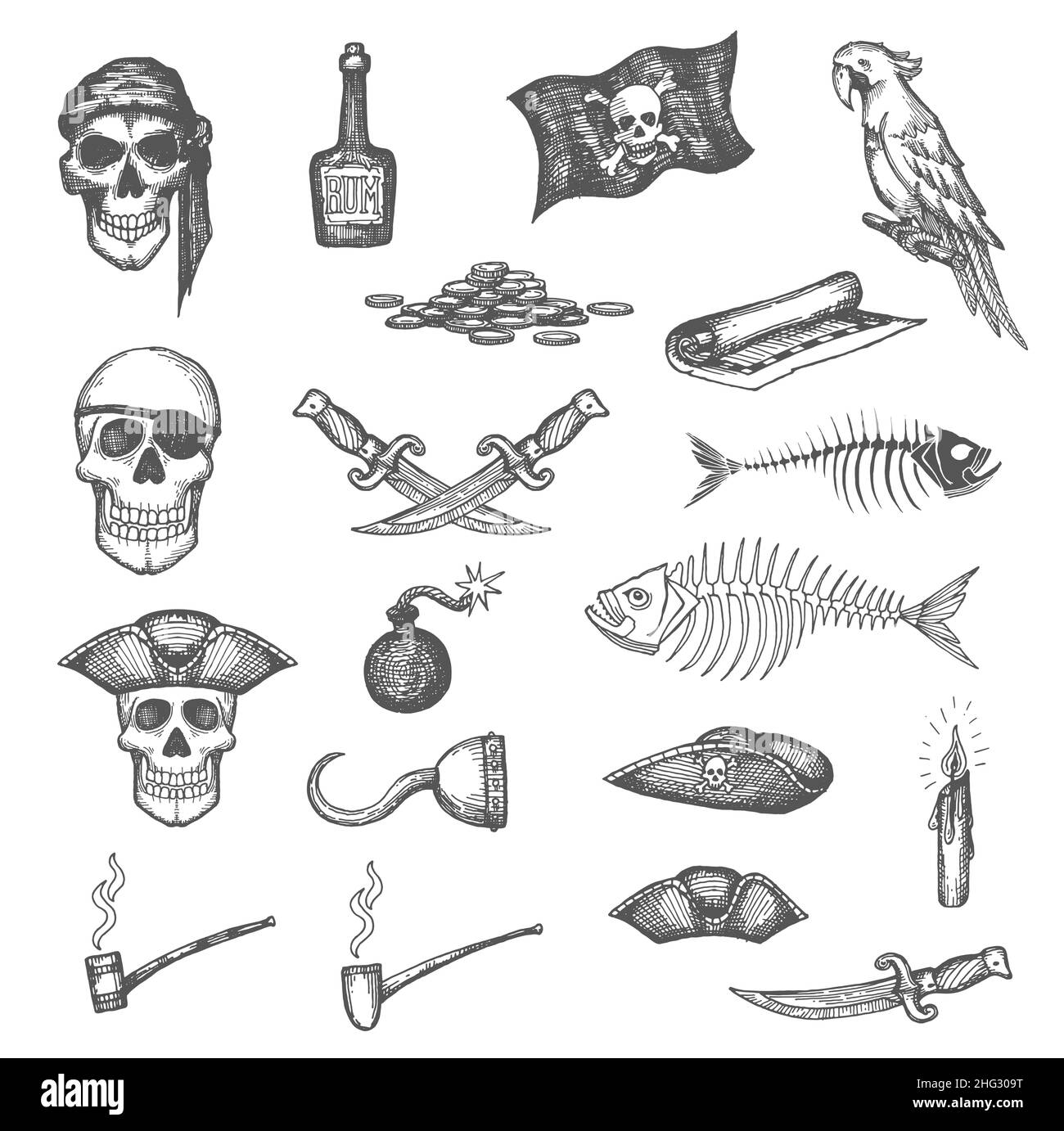 Carte et drapeau des pirates, crânes, armes à nageoir et os de poisson ...
