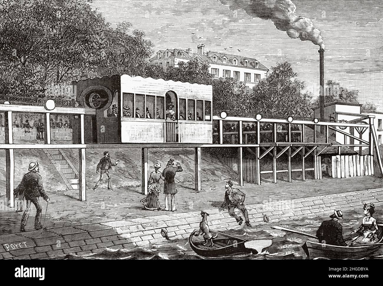 Train aérien monorail construit à Lyon pour l'exposition 1872, France ...
