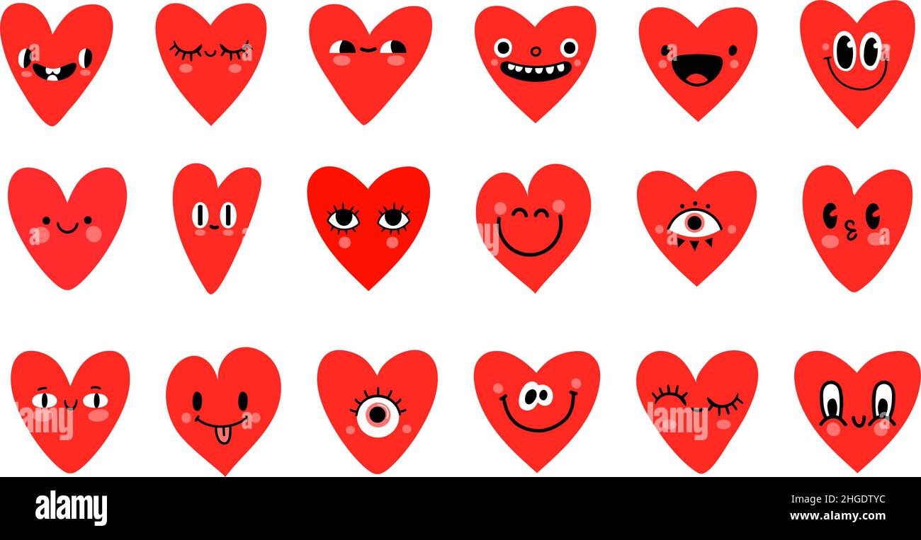 Personnages en forme de coeur rouge avec émoticône visages amusants ...