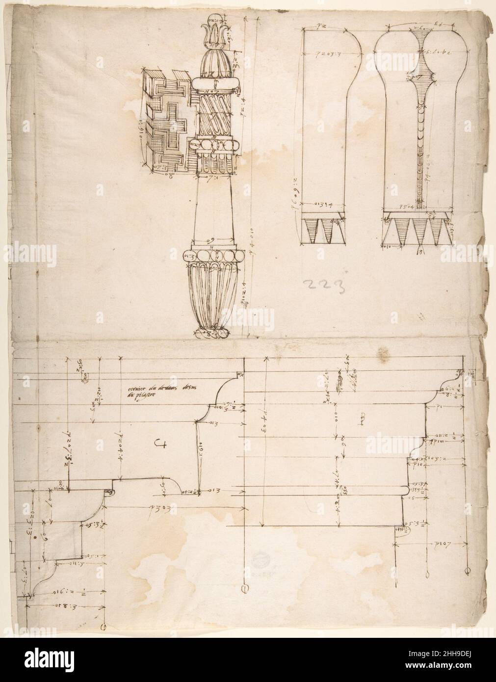 Saint-Pierre, corniche et architrave, profil; clé, élévation;Triglyphe ...