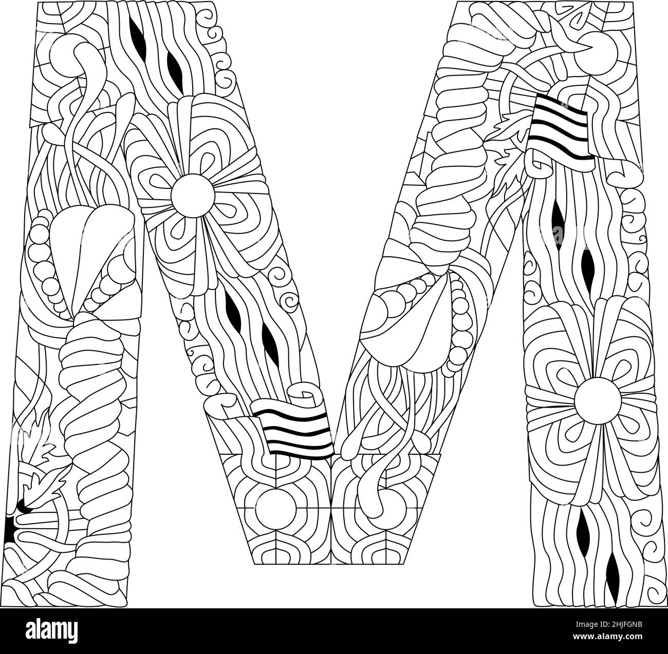 Lettre stylisée Zentangle - lettre M pour la coloration.Illustration ...