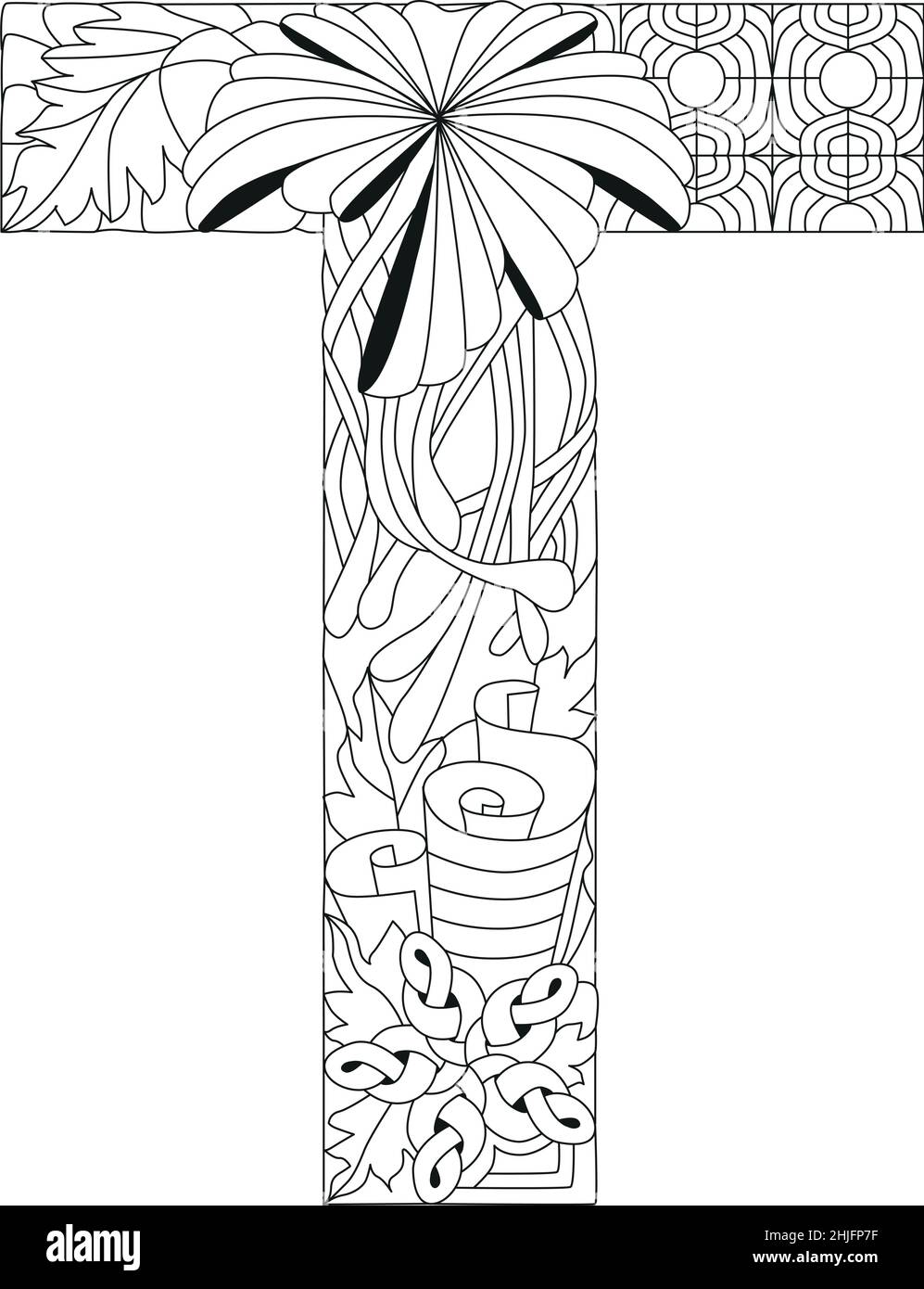 Lettre T de l'alphabet stylisé de Zentangle pour la coloration ...