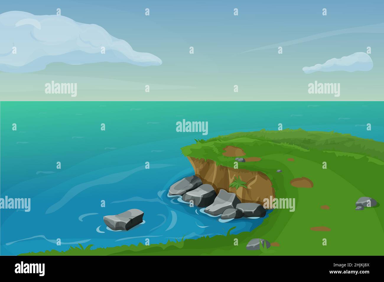 Paysage de mer avec côtes rocheuses, rochers, falaises, pierres, vagues ...