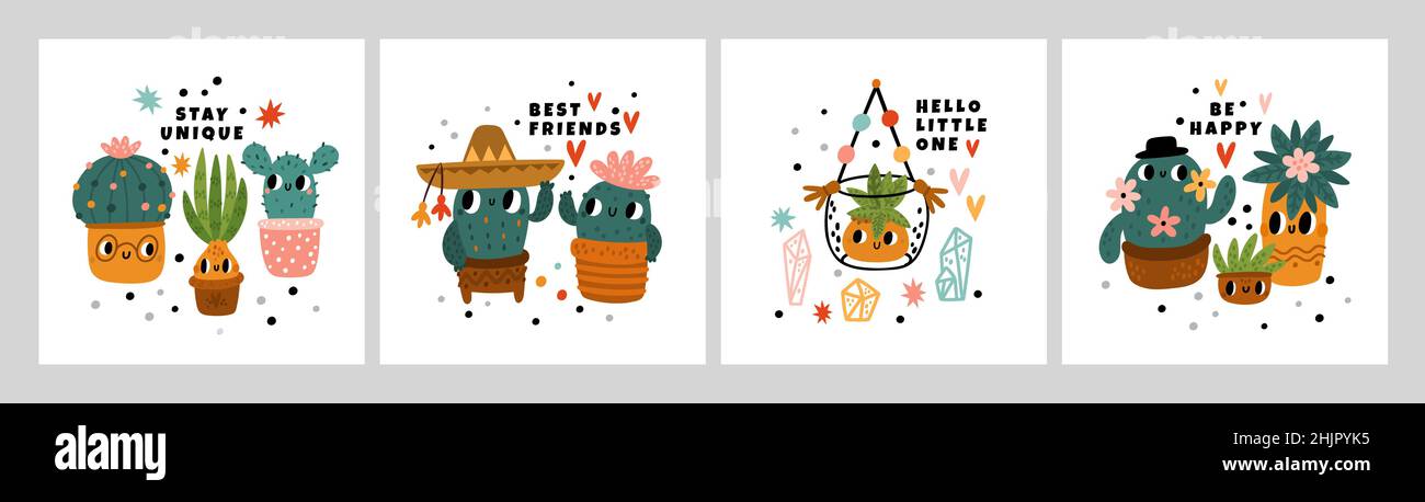 Cartes cactus mignons.Personnages de dessin animé de plantes rigolo ...