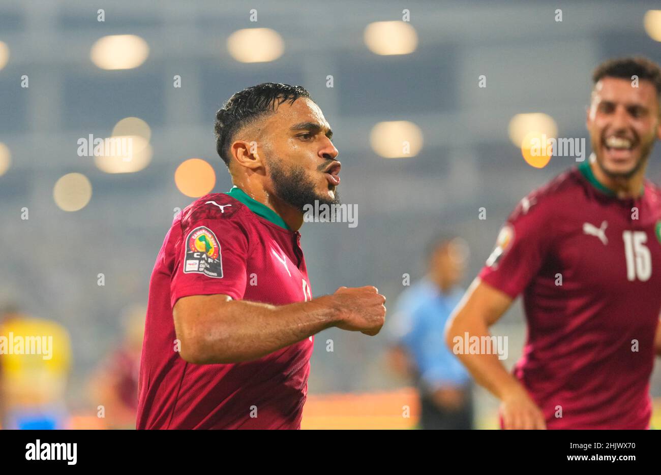Yaoundé, Cameroun, 18 janvier 2022: Sofiane Boufal du Maroc célèbre son premier but au cours de ...