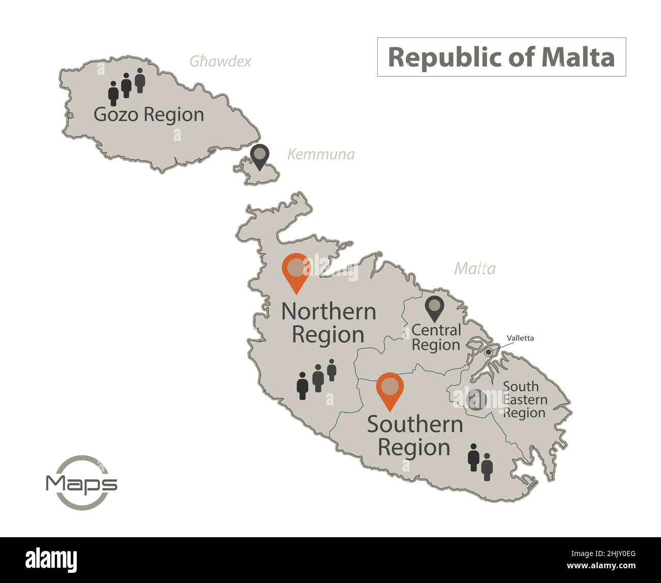 Carte des régions de Malte avec noms, infographies et vecteurs d'icônes Image Vectorielle Stock ...