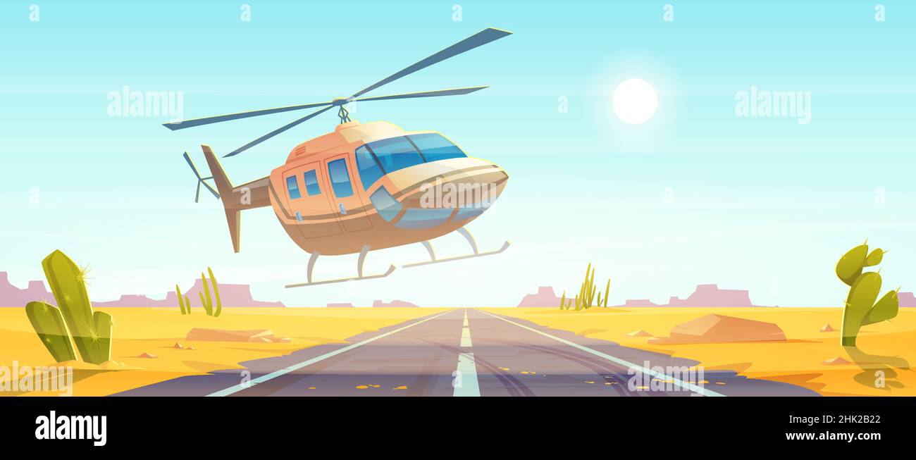 Atterrissage en hélicoptère sur une route vide dans le paysage naturel ...
