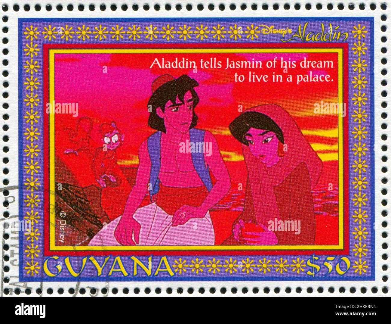 GUYANE - VERS 1993: Timbre imprimé par Guyana, montre Aladdin, film d ...