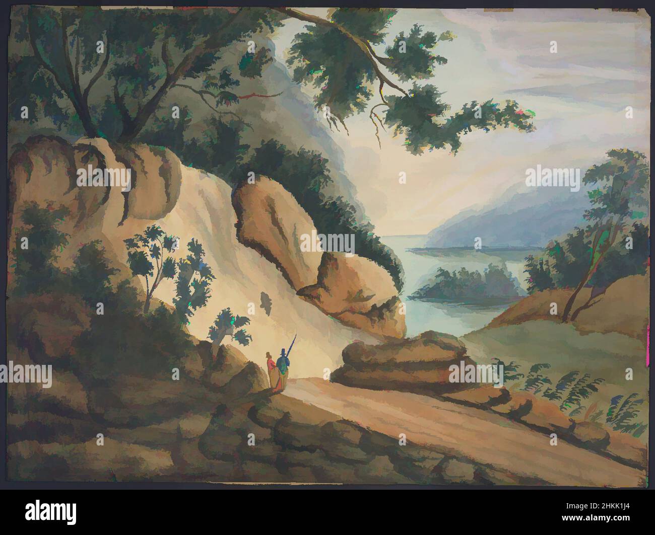 Art inspiré par le paysage avec deux figures, Sarah A. Ryder, aquarelle ...