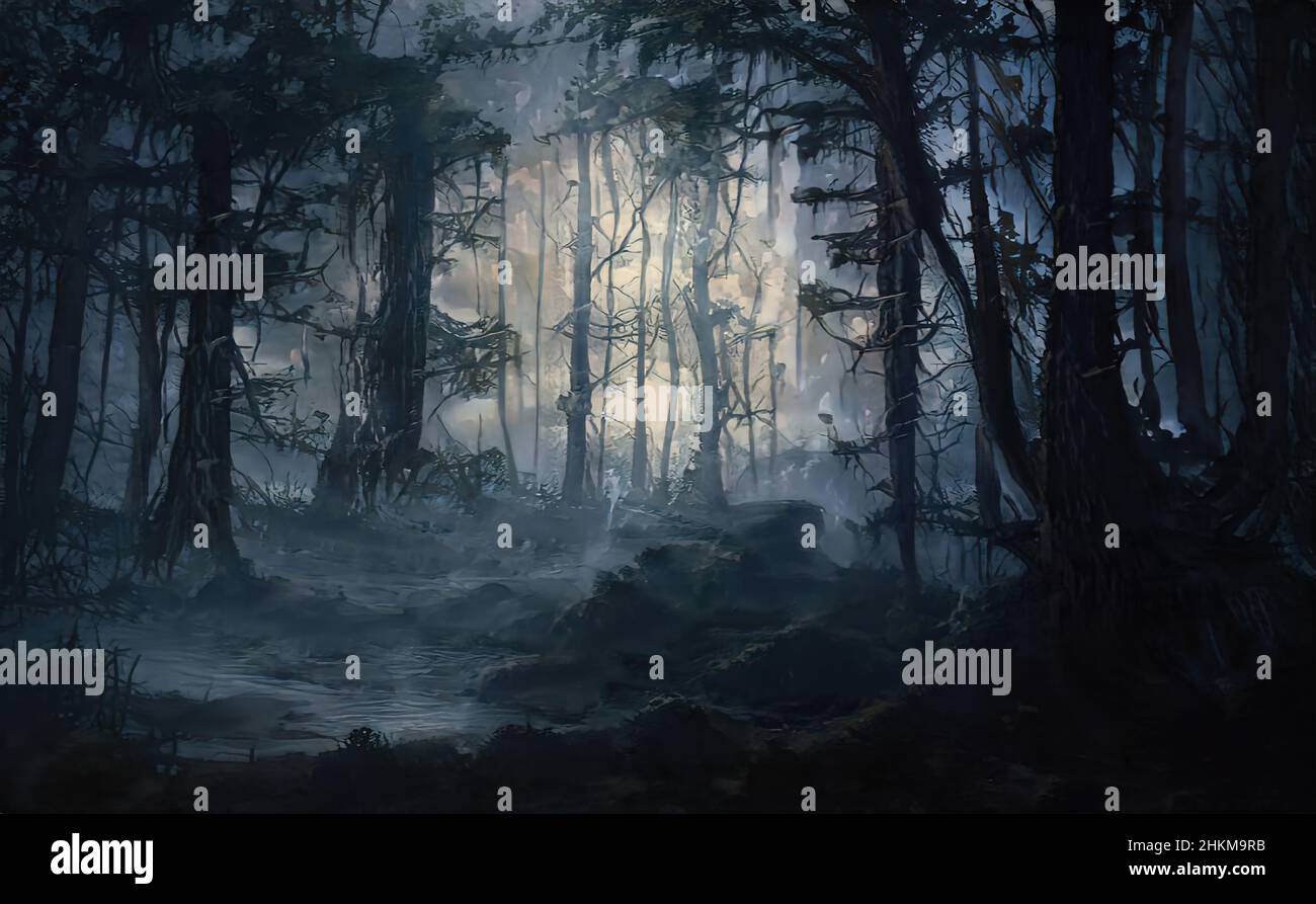 Belle forêt magique arbres fabuleux.Paysage forestier, les rayons du ...