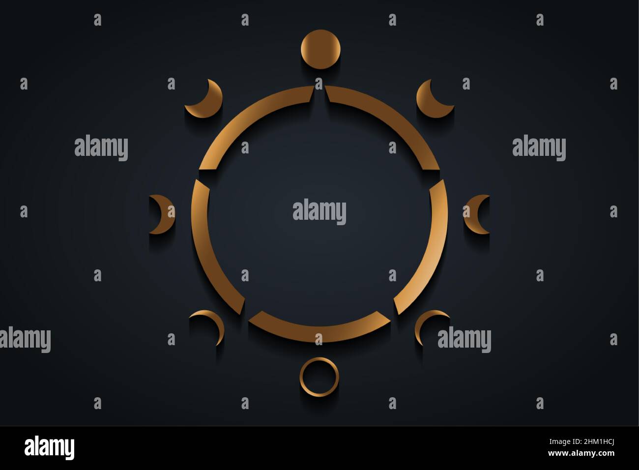 Entourez les phases de la lune, copiez l'espace.Symbole Wiccan doré ...