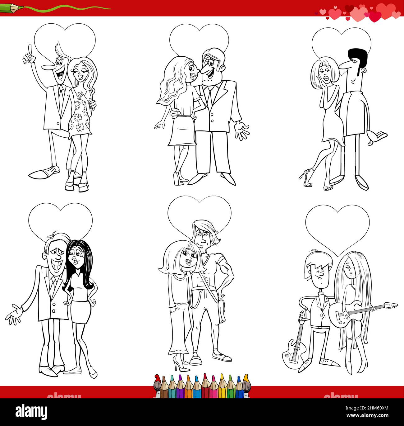 Dessin animé noir et blanc de couples comiques amoureux sur la série ...