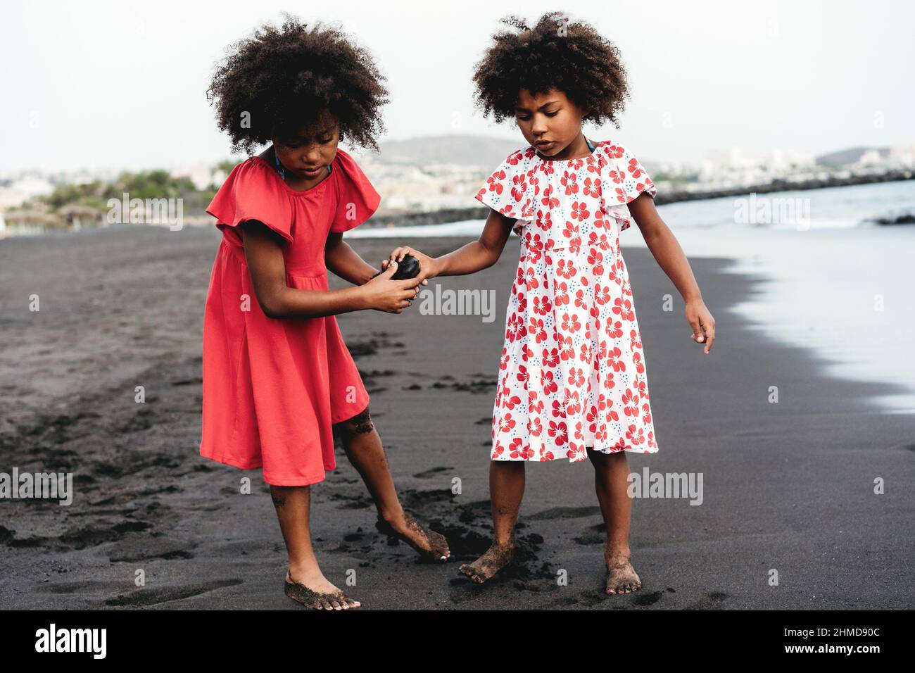 Les Sœurs Jumelles Afro Samusent Sur La Plage En Jouant Avec Un Rocher