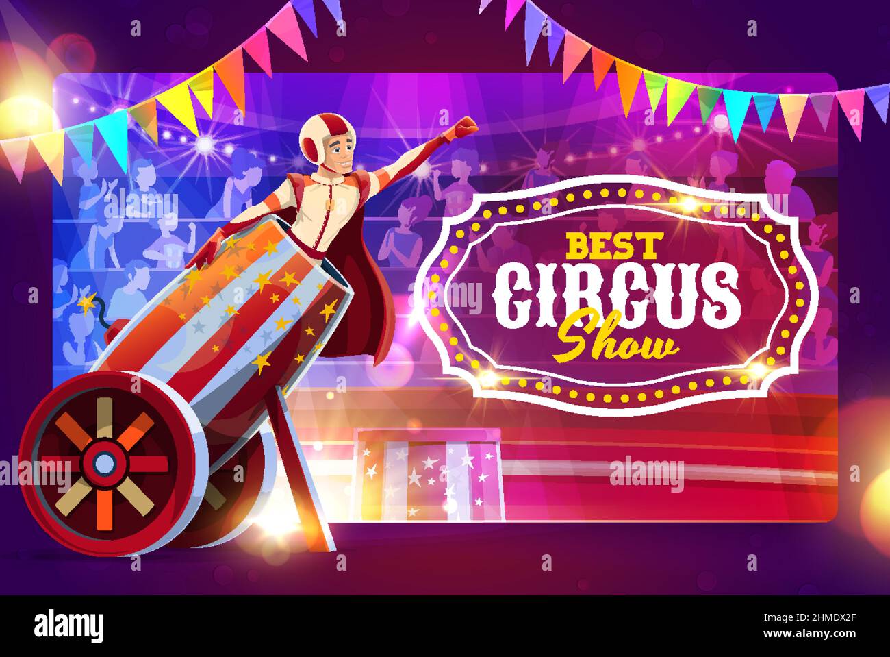 Homme de dessin animé sur scène de cirque Shapeito. Affiche vectorielle ...