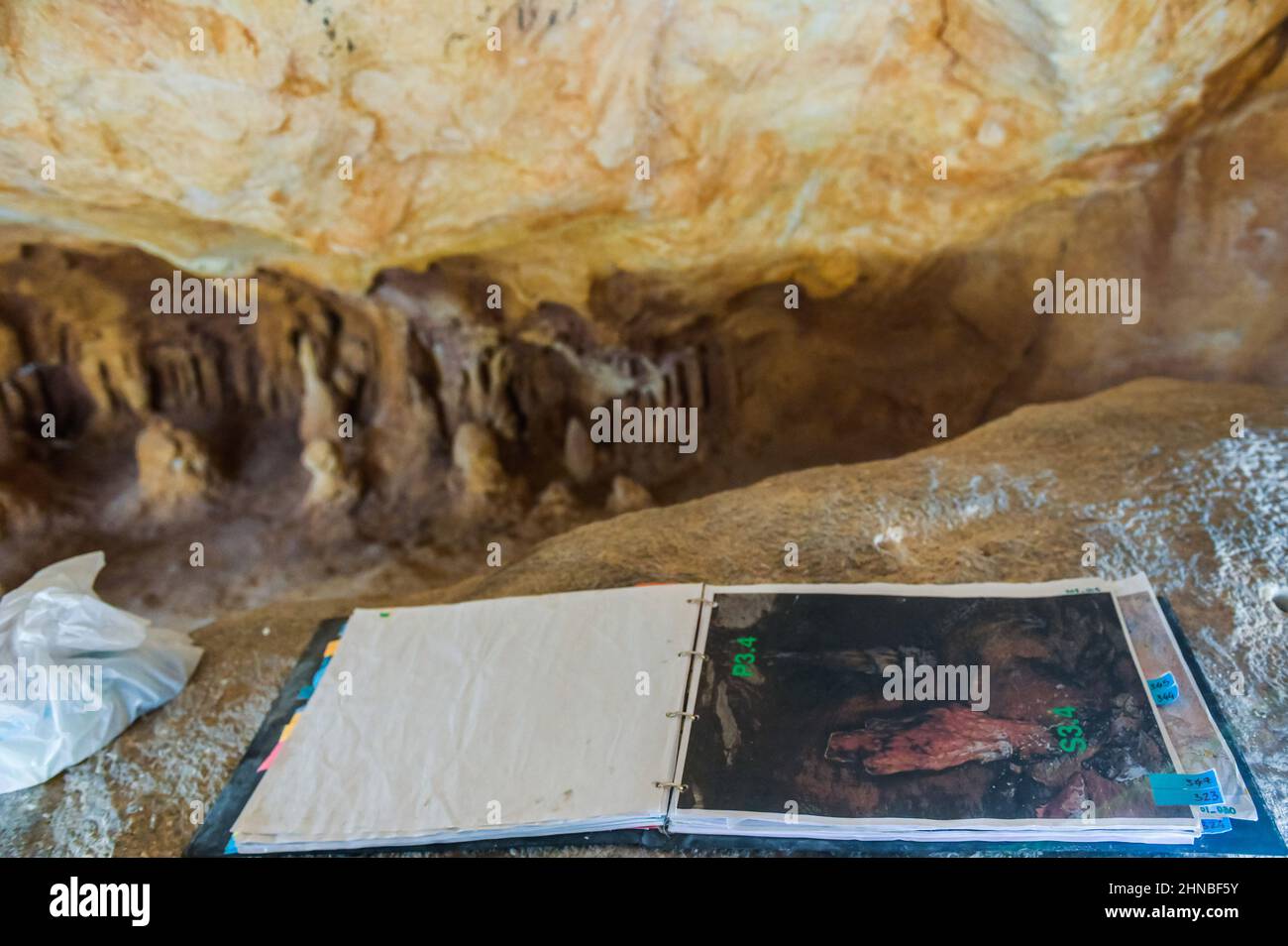 Un livre avec des photos de la grotte originale est vu à l'intérieur de ...