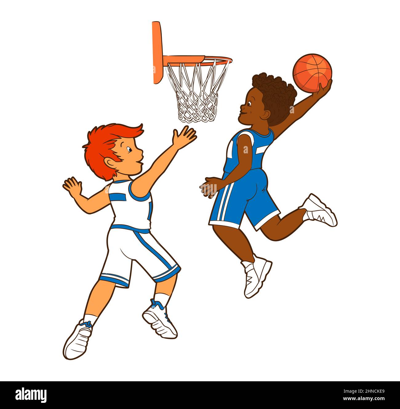 Les athlètes joueurs de basket-ball jettent le ballon dans le panier de ...